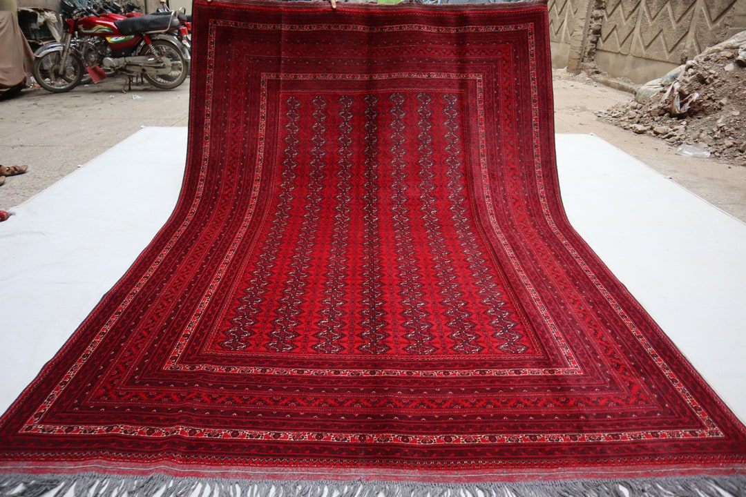 7x9 Ft Afghan Antique Turkmen Mowri Gull Rug- Handmade Wool Rug- Red ...