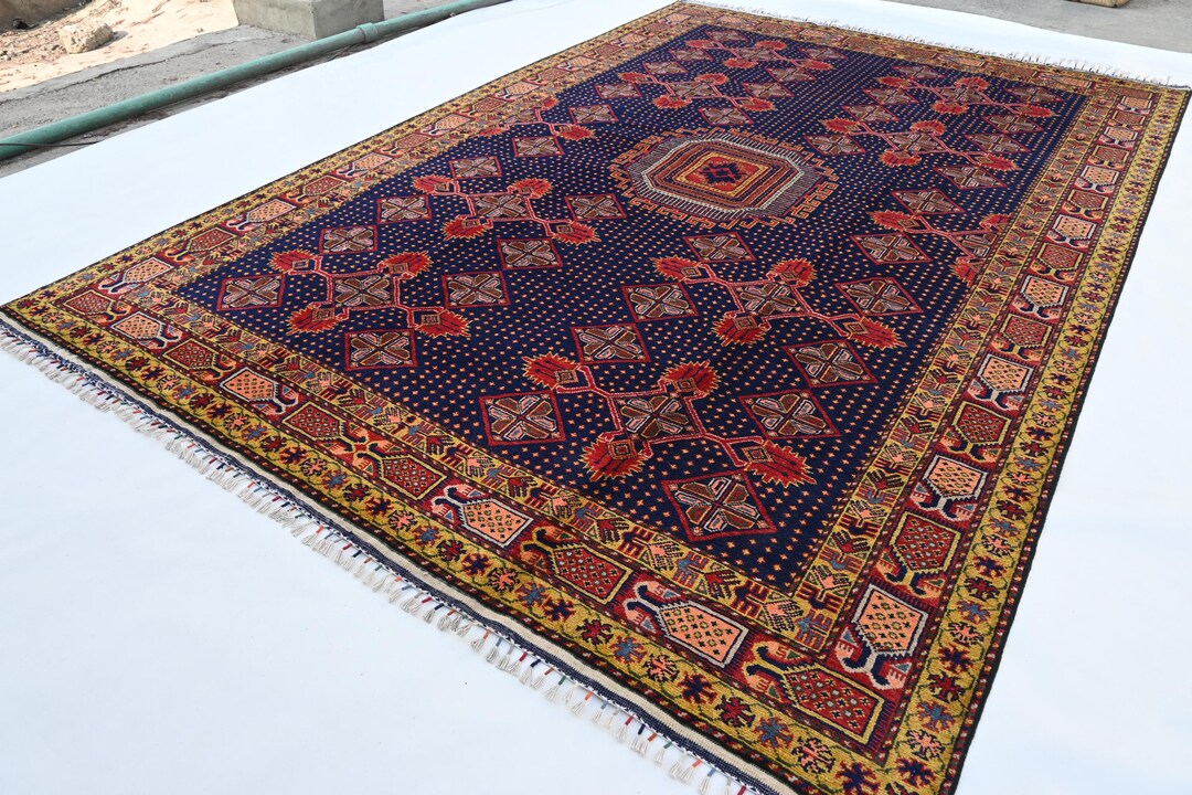 Navy Blue Afghan Rug 7x10 Hand Knotted Wool Rug- Geometric Gargi Rug ...