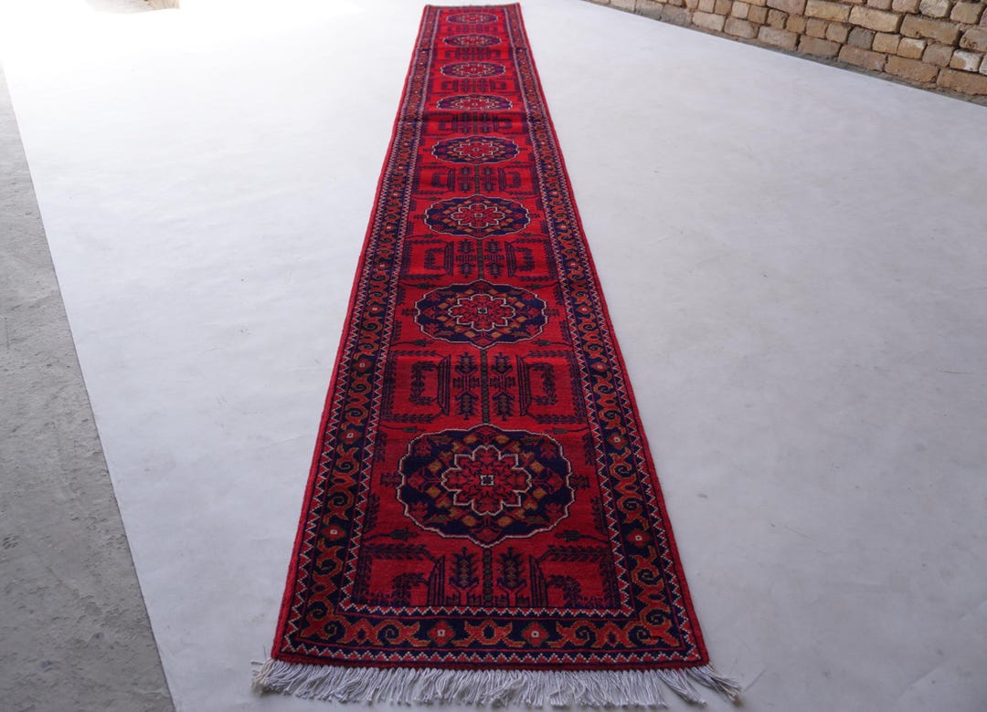 Red 2x14 Runner Rug- Turkmen Bukhara Rug- Afghan Handmade Fine Quality ...