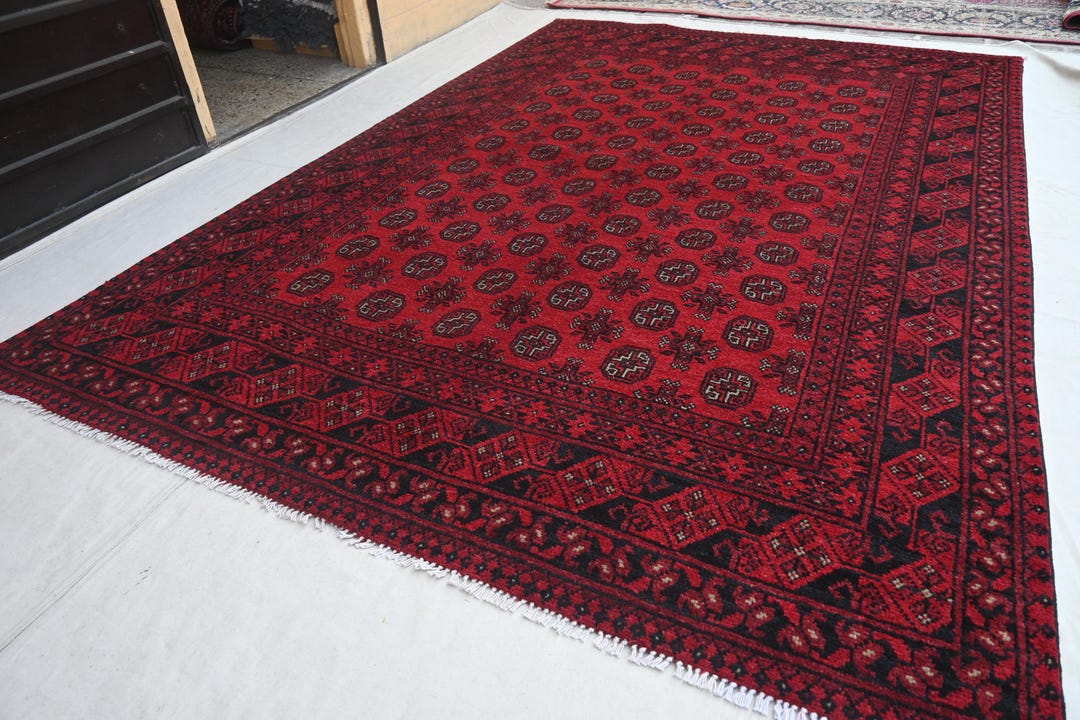 Red Turkmen Tribal Mowri Rug 7x10 Handmade Wool Rug- Afghan Bukhara Rug ...