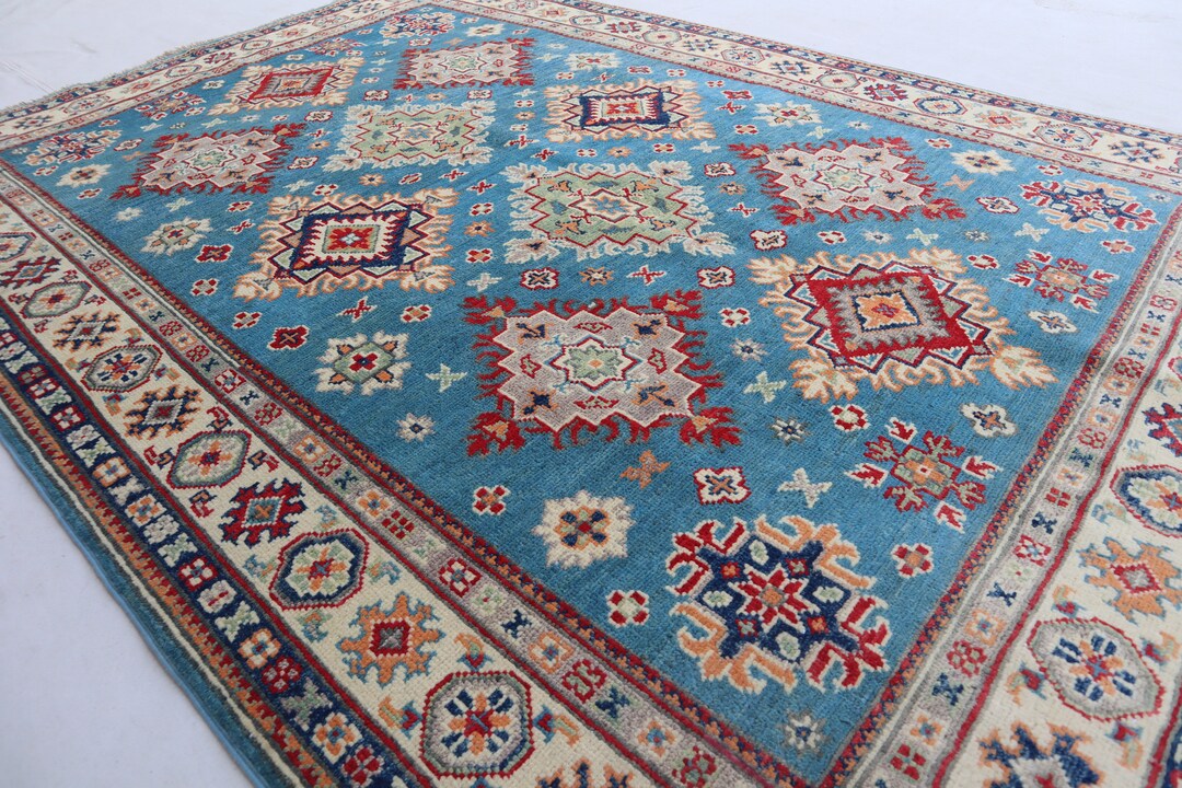 Blue 5x7 Kazak Area Rug - Afghan Hand Knotted Natural Dyes Wool Rug ...