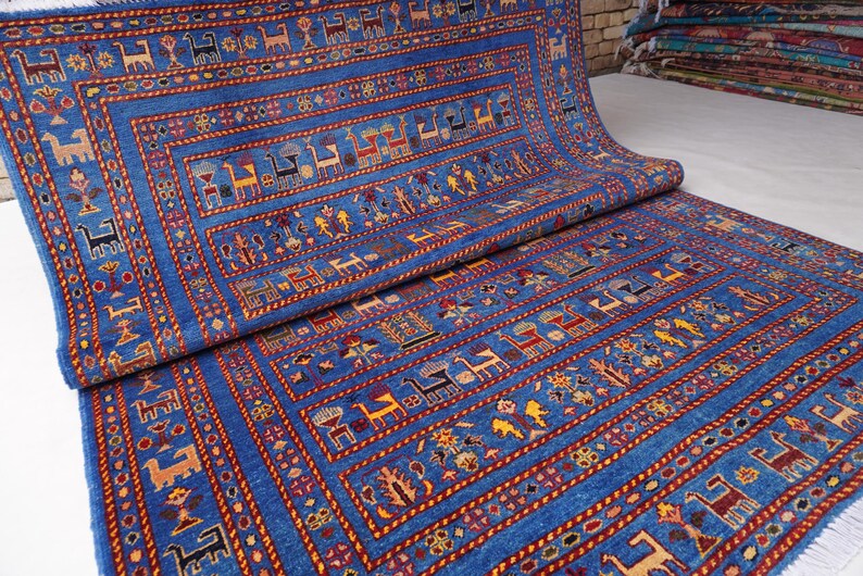 Royal Blue Rug 6x8 Antelopes Pictorial Rug- Afghan Rug- Hand Knotted ...