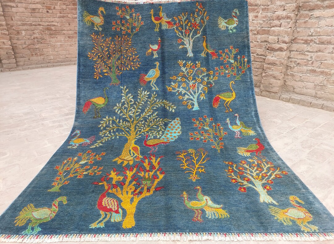 6x8 Blue Area Rug Birds Trees Peacock Handmade Wool Area Rug Oriental ...