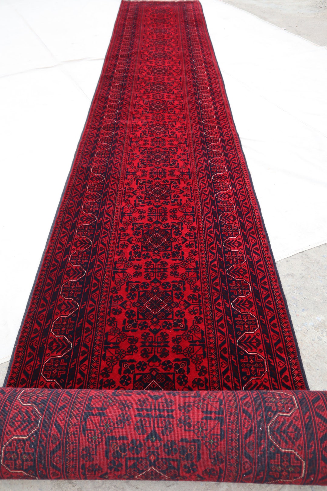 26 Ft Extra Long Runner Rug- Afghan Bukhara Fine Hand Knotted Wool Red ...