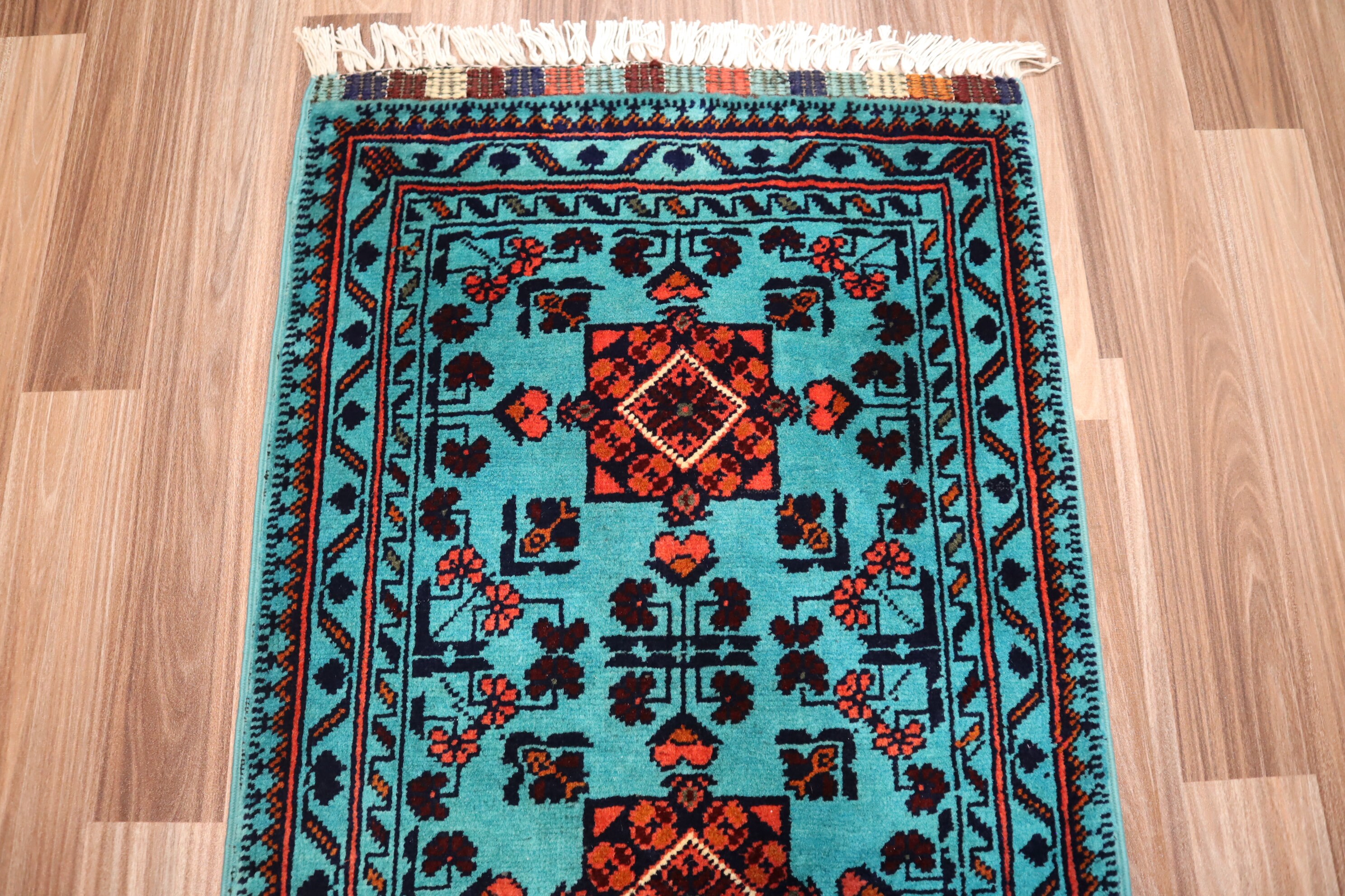 2x5 Ft Turquoise Runner Rug- 1'9x5'2 Ft Afghan Bukhara Rug - Handmade ...