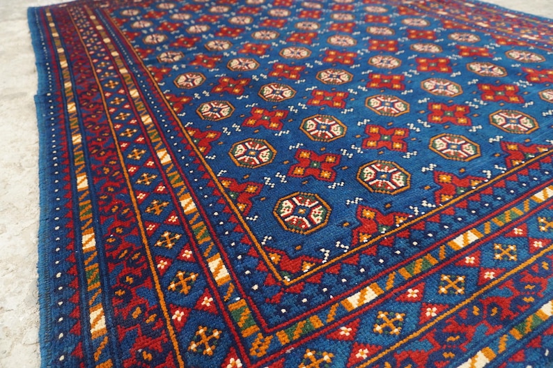 5x7 Blue Afghan Rug- Turkmen Unique Mowri Rug- Handmade Super Fine Wool ...