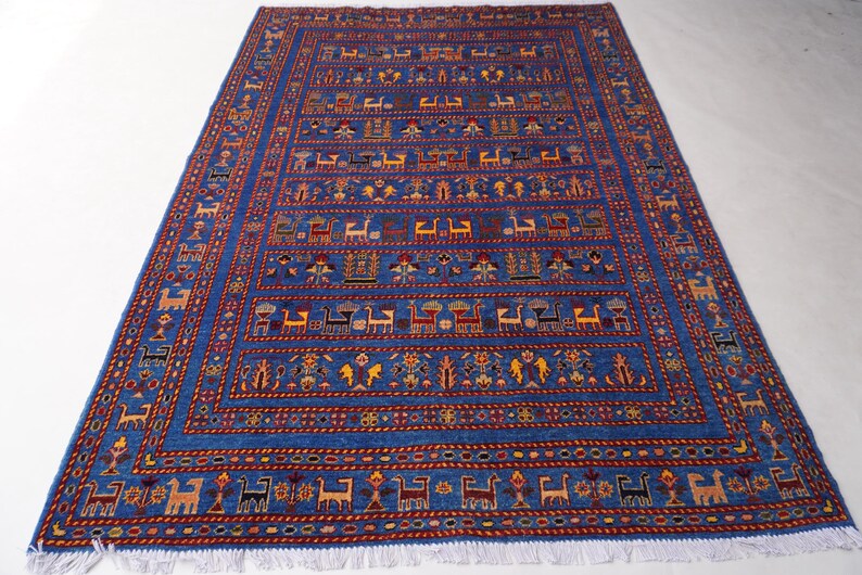 Royal Blue Rug 6x8 Antelopes Pictorial Rug- Afghan Rug- Hand Knotted ...