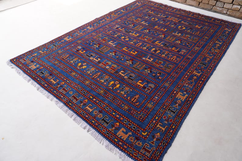 Royal Blue Rug 6x8 Antelopes Pictorial Rug- Afghan Rug- Hand Knotted ...