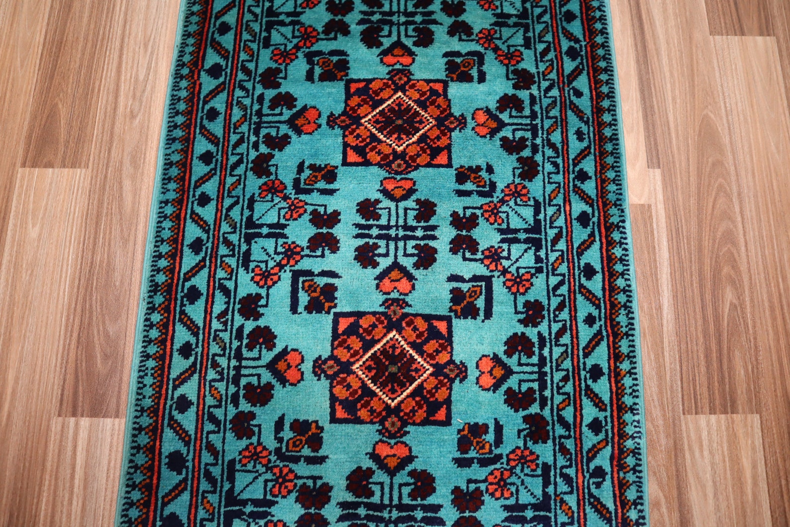 2x5 Ft Turquoise Runner Rug- 1'9x5'2 Ft Afghan Bukhara Rug - Handmade ...