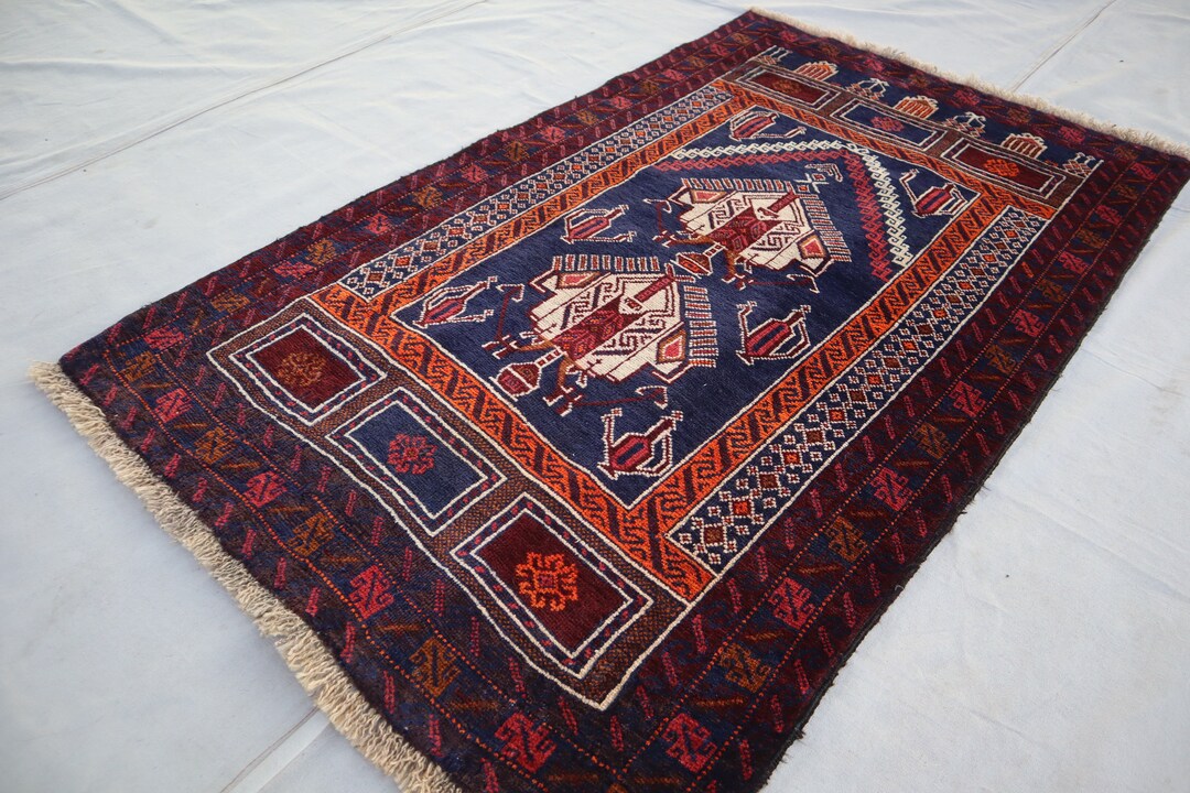 2.9x4.5 Ft Vintage Afghan Prayer Area Rug- Handmade Wool Rug- Geometric ...