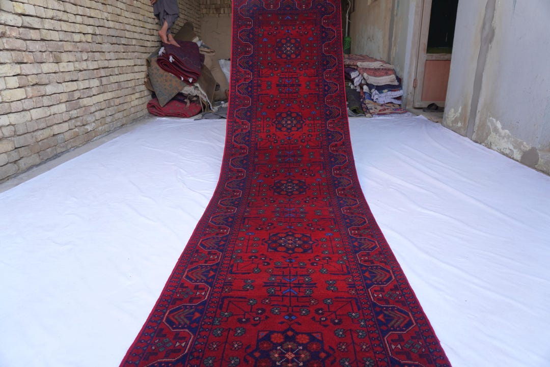 Red 20 Ft Runner Rug- Afghan Handmade Wool Rug- Turkmen Tekke Bukhara ...