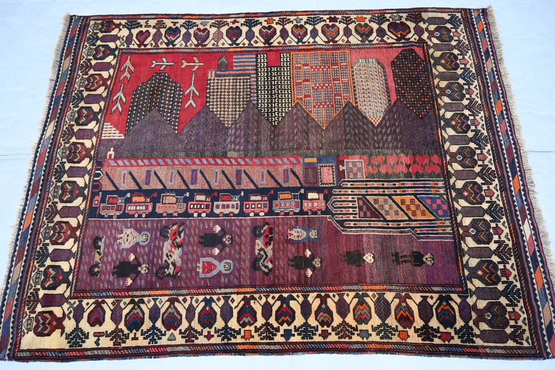 Pictorial Rug 5x7 City Cars Buildings Art Rug- Afghan Handmade Wool Rug ...