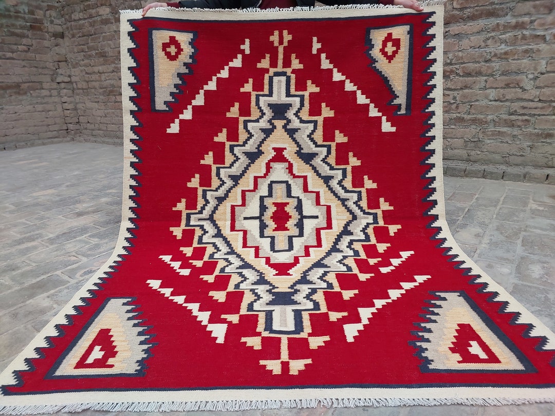 Red Geometric Rug 5x7 Afghan Southwestern Gabbeh Rug- Turkmen Handmade ...