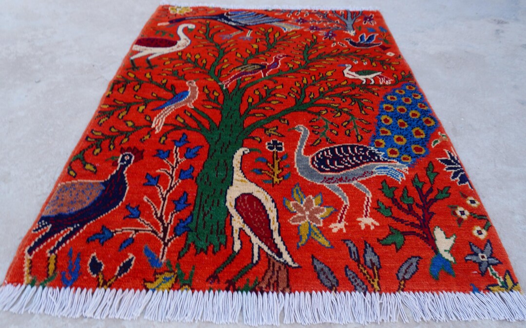 3x4 Ft Afghan Pictorial Orange Area Rug- Handmade Wool- 85x120 Cm ...