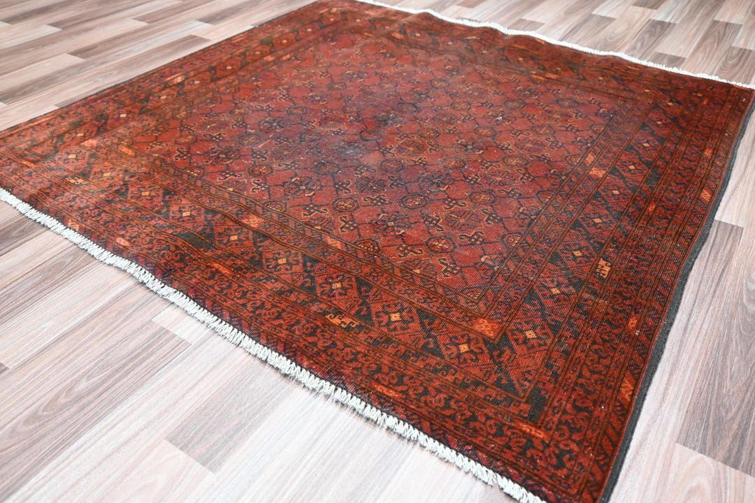 4x4 Vintage Square Rug- Handmade Afghan Wool Rug- Turkmen Pattern ...