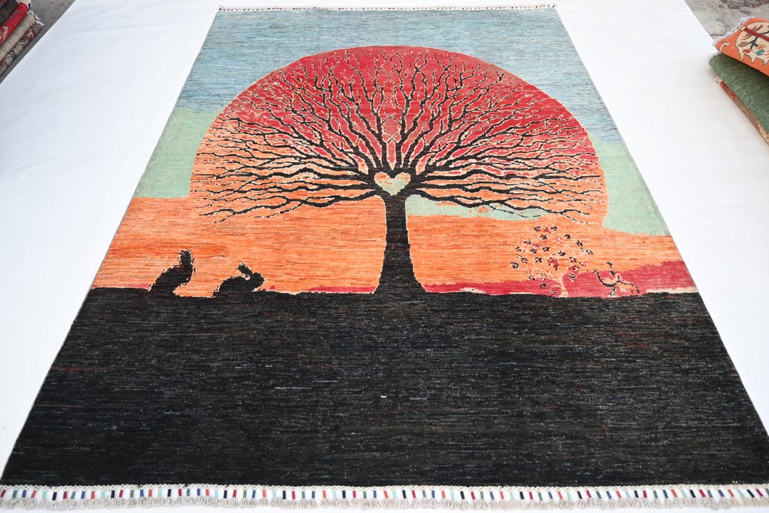 Blue Pictorial Rug 8x6 Afghan Handmade Wool Rug- Tree of Life Rug ...