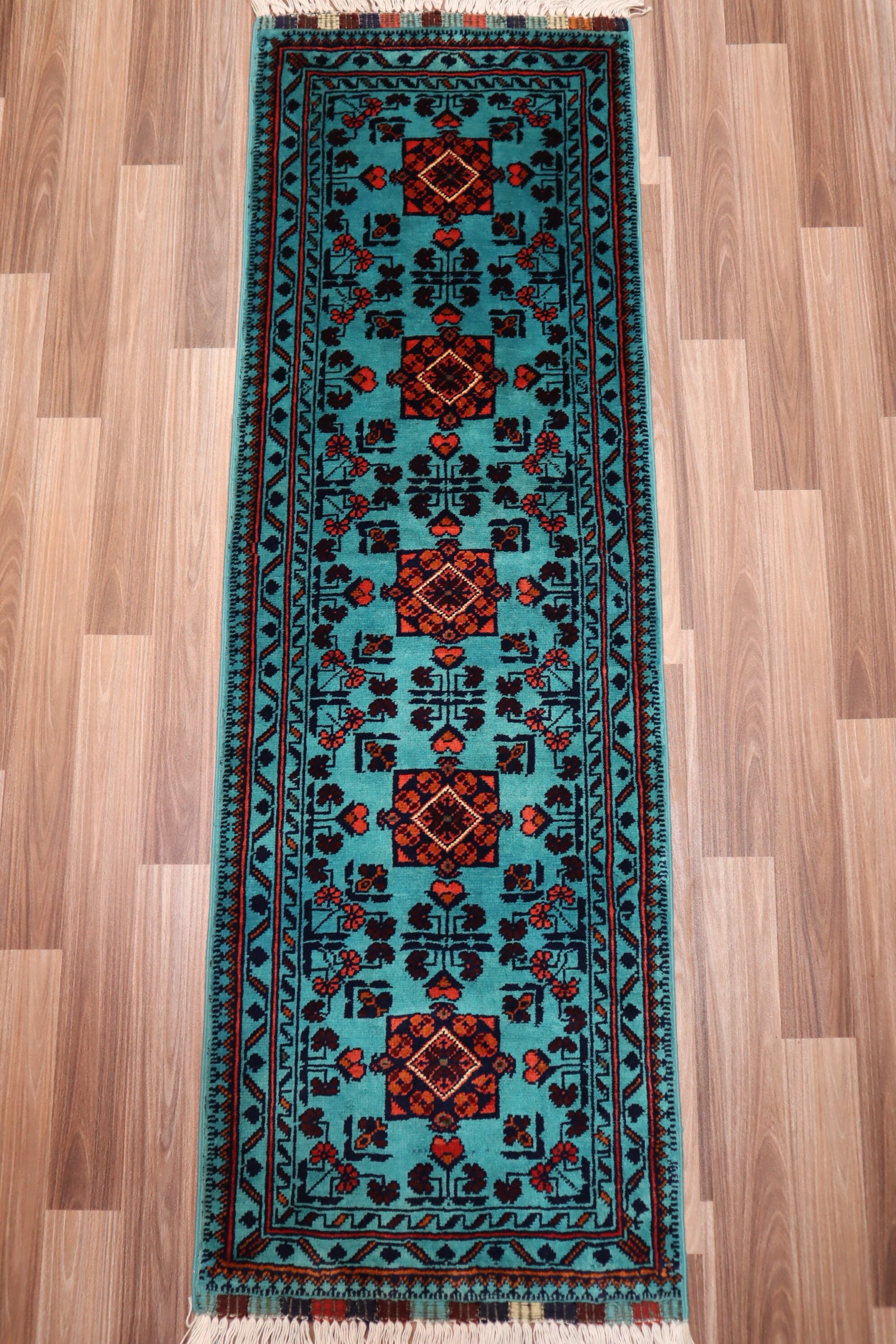 2x5 Ft Turquoise Runner Rug- 1'9x5'2 Ft Afghan Bukhara Rug - Handmade ...