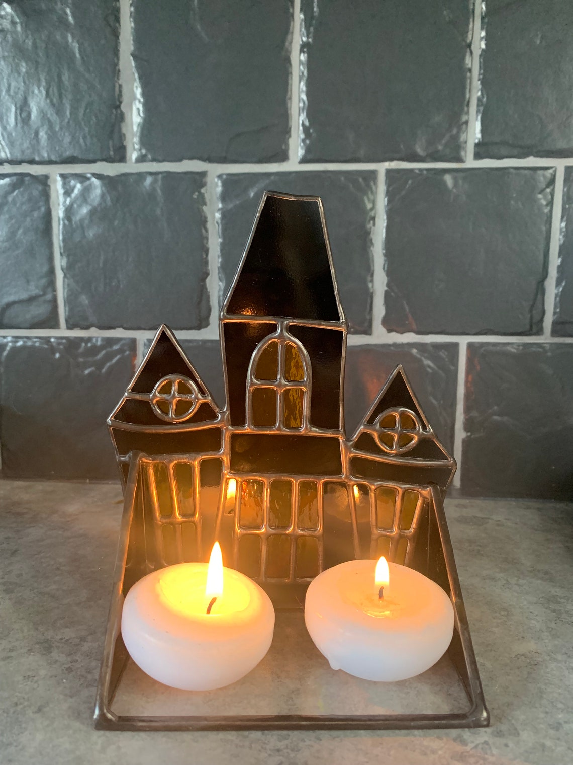 Spooky Haunted House Stained Glass Tea Light Candle Holder Iridsecent ...
