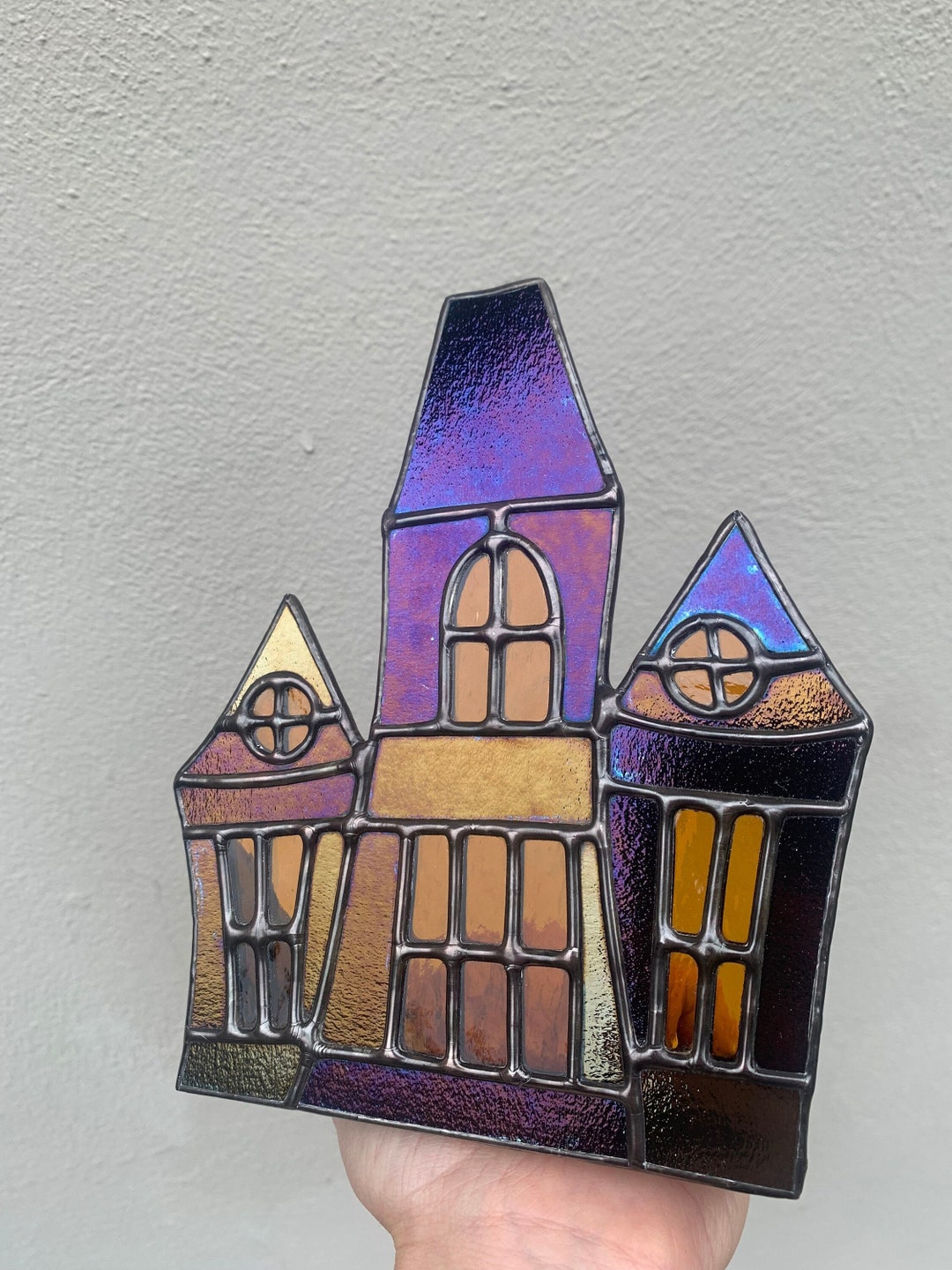 Spooky Haunted House Stained Glass Tea Light Candle Holder Iridsecent ...