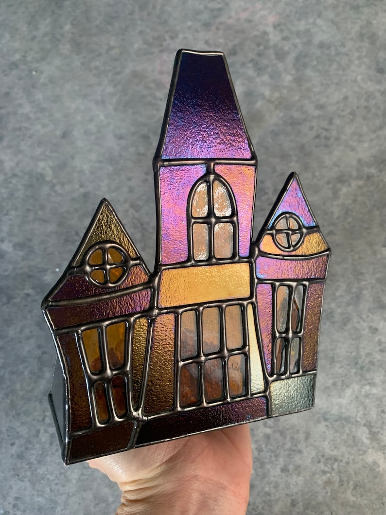 Spooky Haunted House Stained Glass Tea Light Candle Holder Iridsecent ...