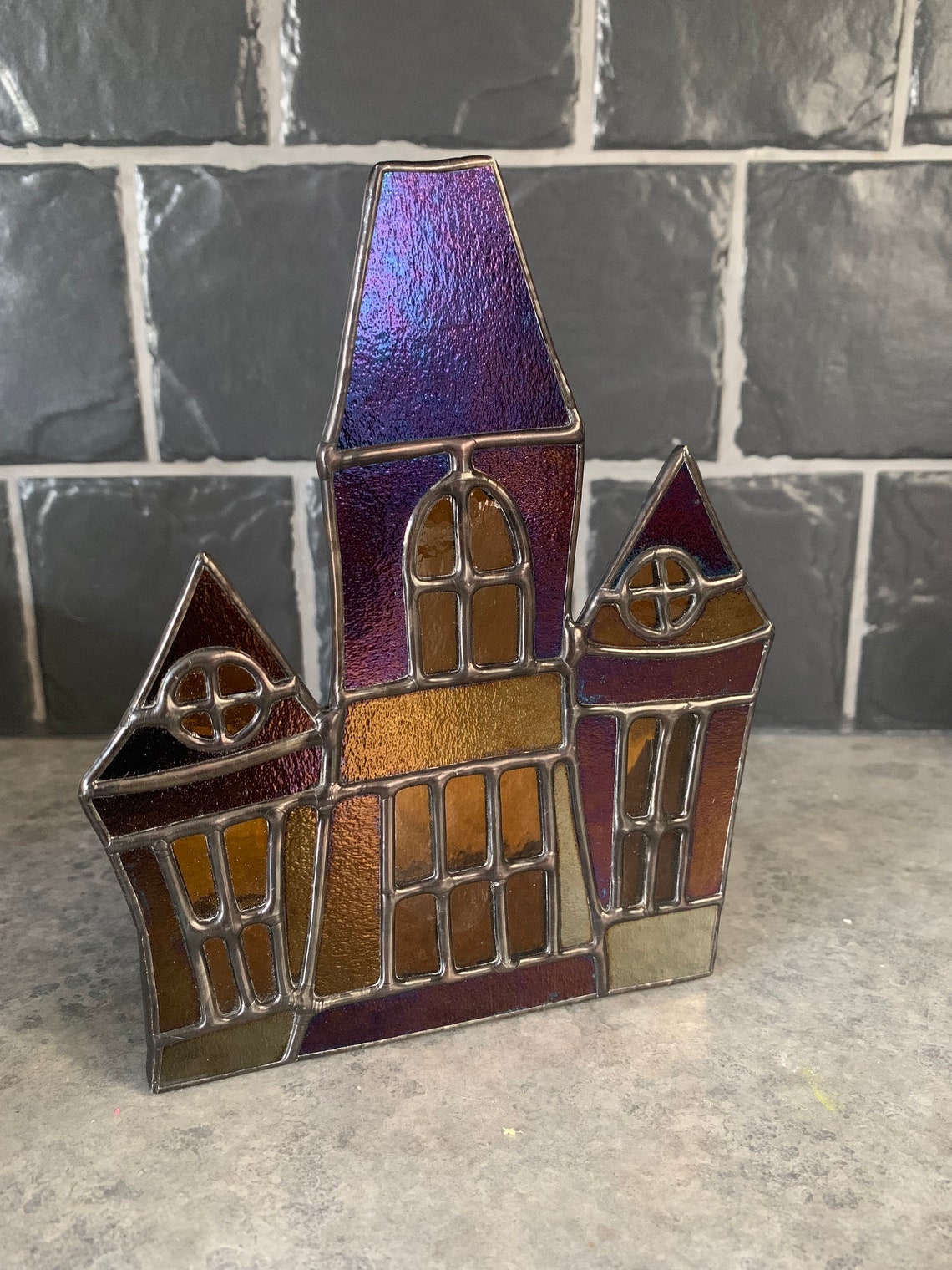 Spooky Haunted House Stained Glass Tea Light Candle Holder Iridsecent ...