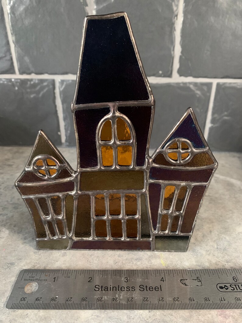 Spooky Haunted House Stained Glass Tea Light Candle Holder Iridsecent ...