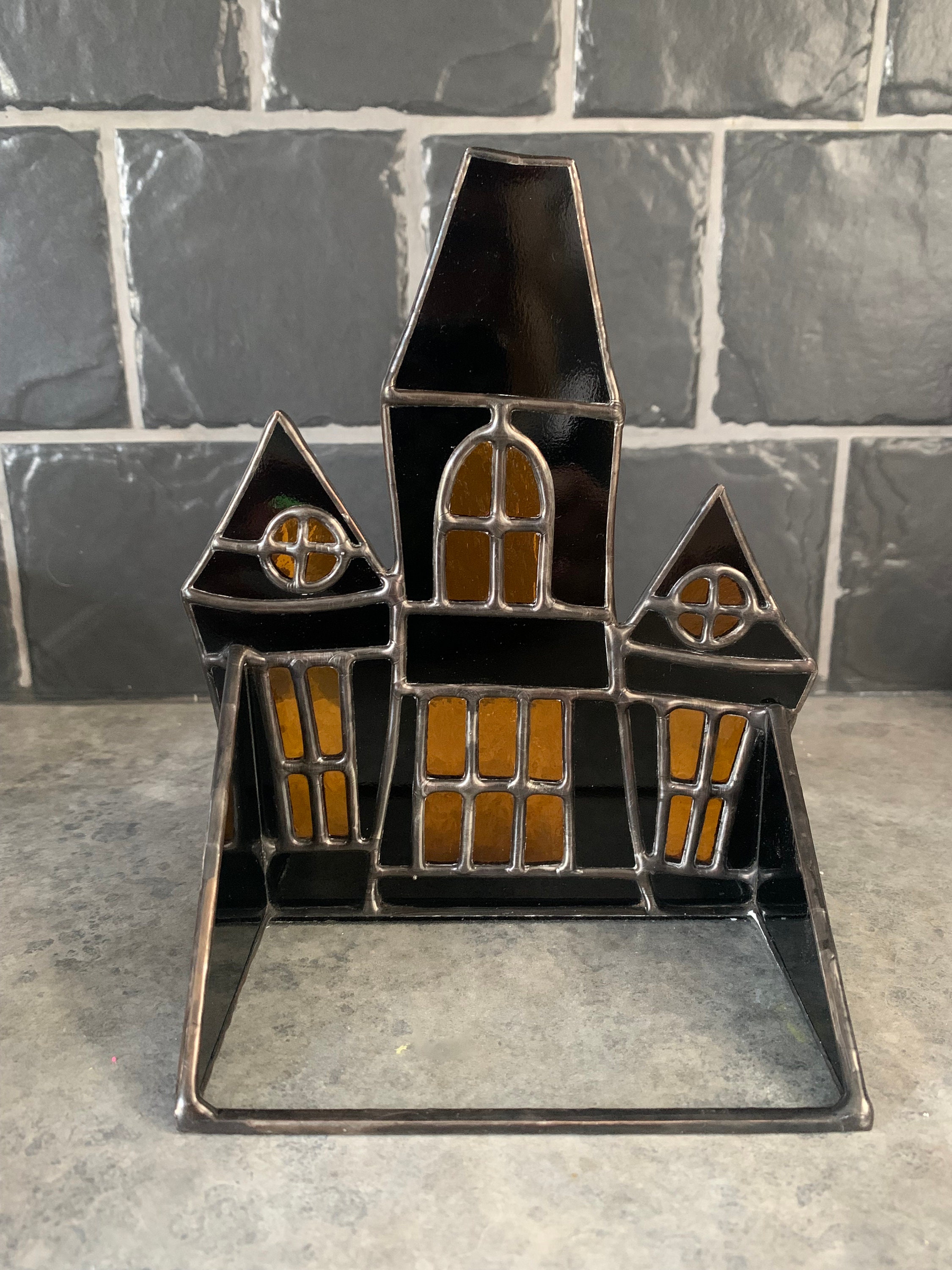 Spooky Haunted House Stained Glass Tea Light Candle Holder Iridsecent ...