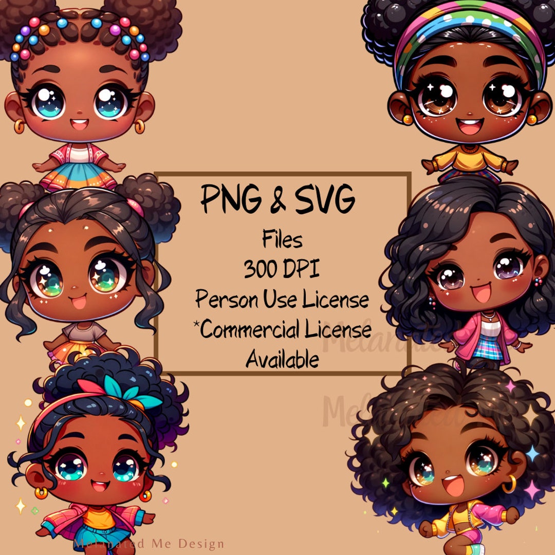 Chibi Bundle SVG/PNG Cute Black Girl, Black Girl PNG, Black Princess ...