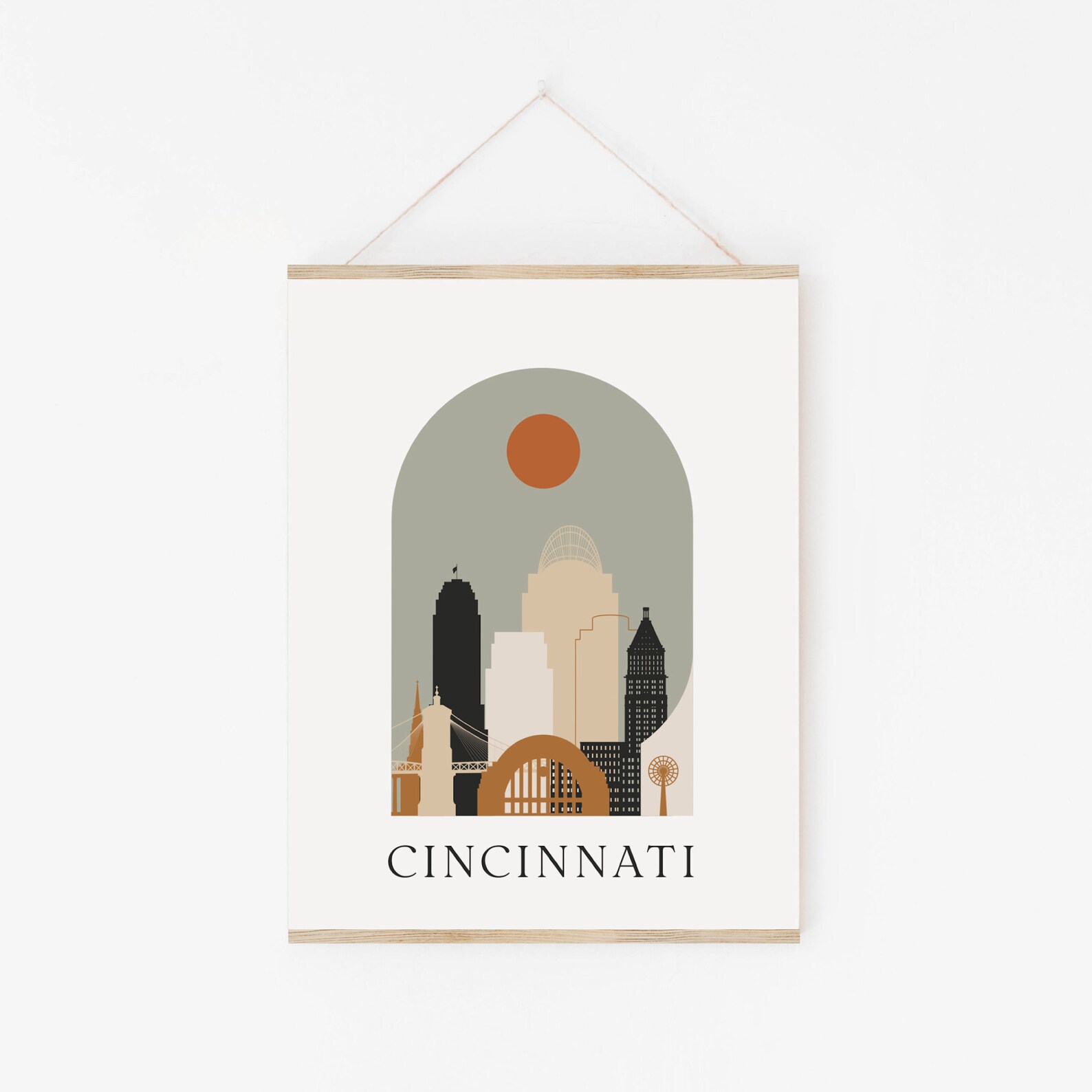 Cincinnati Skyline Bohemian Print. Cincinnati Boho Sun City Arc. Mid ...
