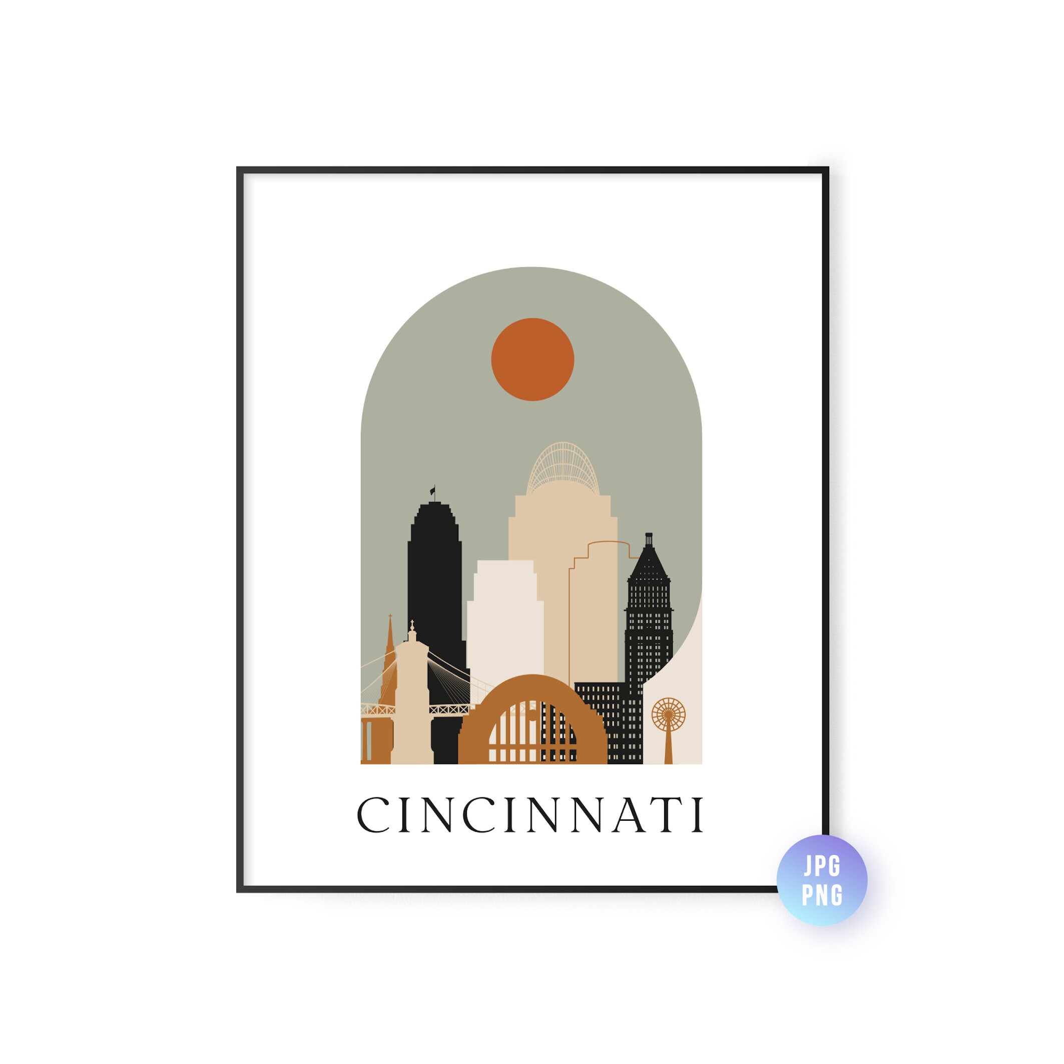 Cincinnati Skyline Bohemian Print. Cincinnati Boho Sun City Arc. Mid ...