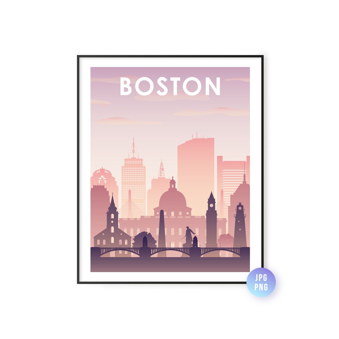 Boston City Skyline Print. Sunset Boston Skyline Poster. Digital City ...