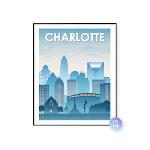 Blue Charlotte Skyline Print. Charlotte NC Skyline Digital Print ...