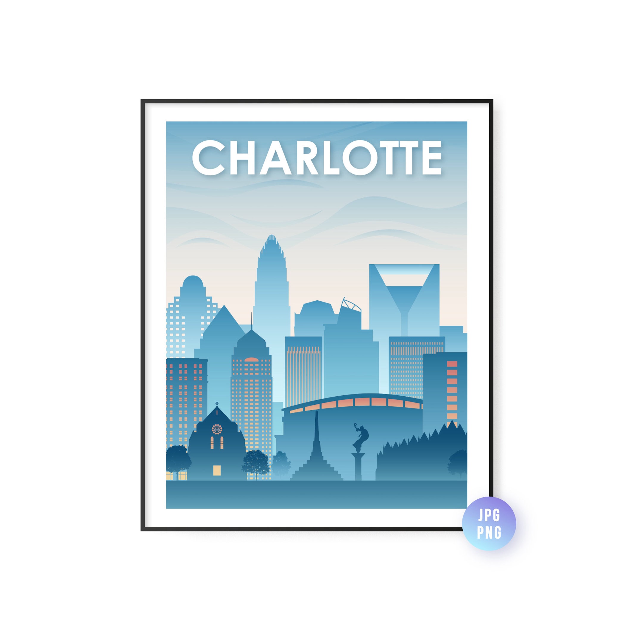 Blue Charlotte Skyline Print. Charlotte NC Skyline Digital Print ...