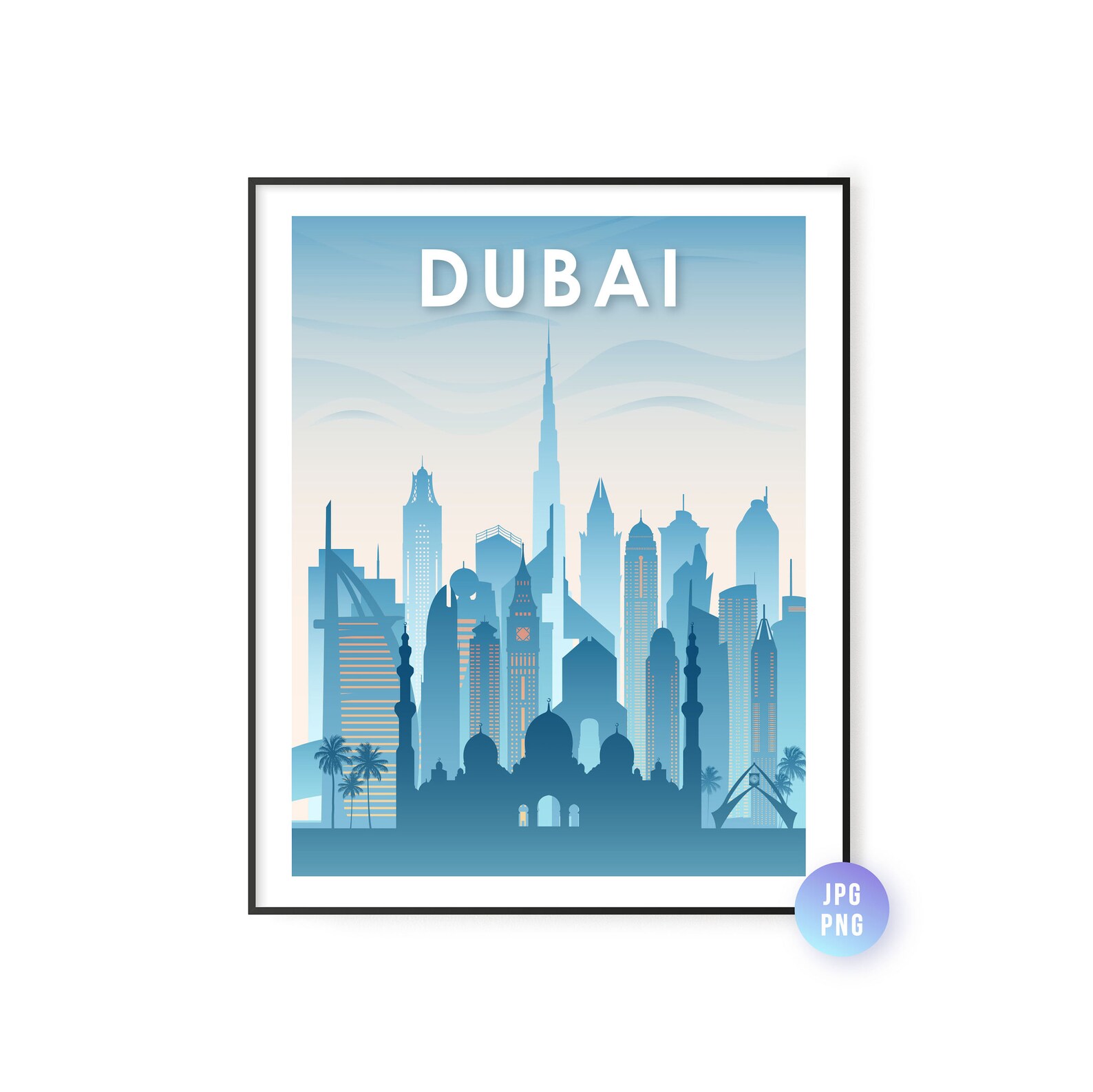 Blue Dubai Skyline Print. Dubai UAE Skyline Digital Print. Printable ...