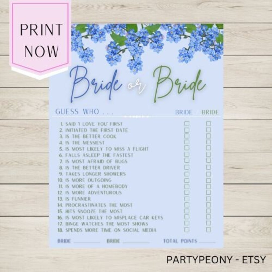 Guess Who Bride Or Bride Same Sex Bridal Shower Game Non Editable Pdf