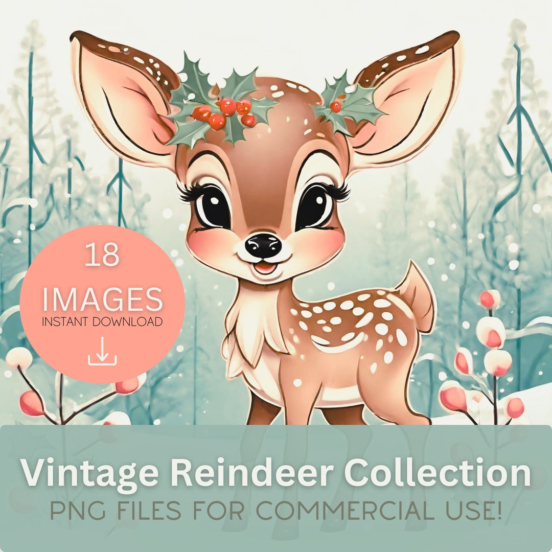 Vintage Christmas Reindeer Clipart Bundle of PNG Images for Commercial ...