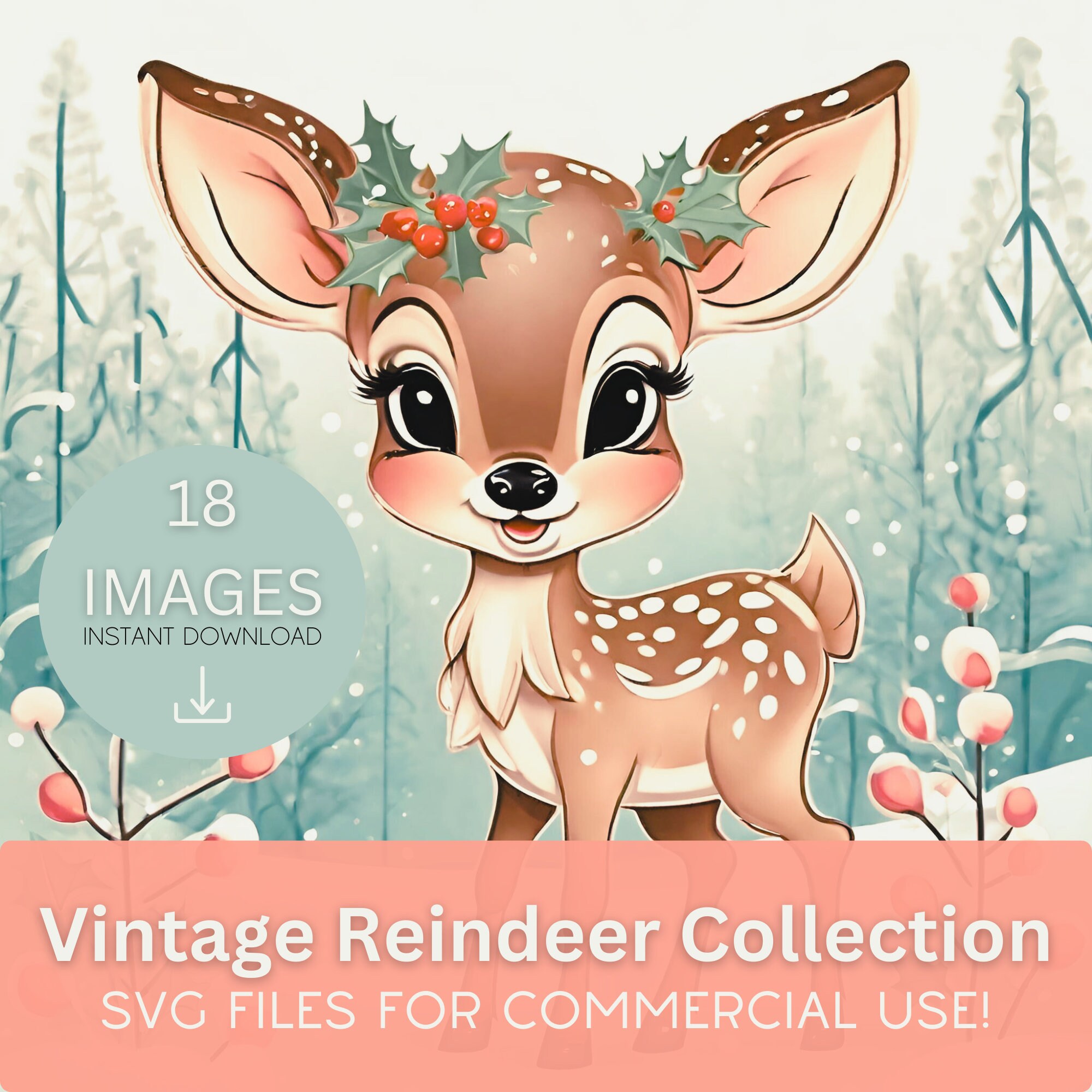 Vintage Christmas Reindeer SVG Clipart Bundle Images for Commercial Use ...