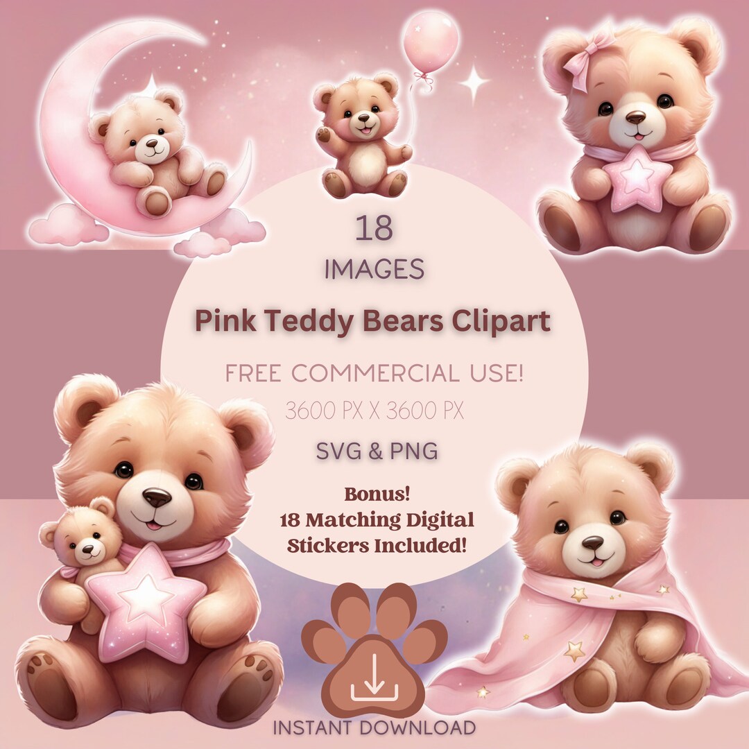 Adorable Pink Teddy Bears Clipart Bundle for Baby Showers SVG and PNG ...