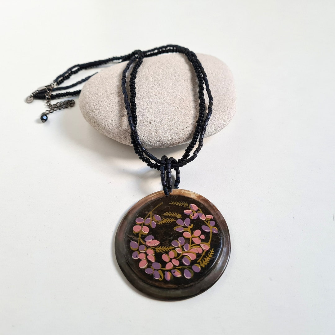 Vintage M&S Large Round MOP Shell Floral Pendant Necklace, Black Pink ...
