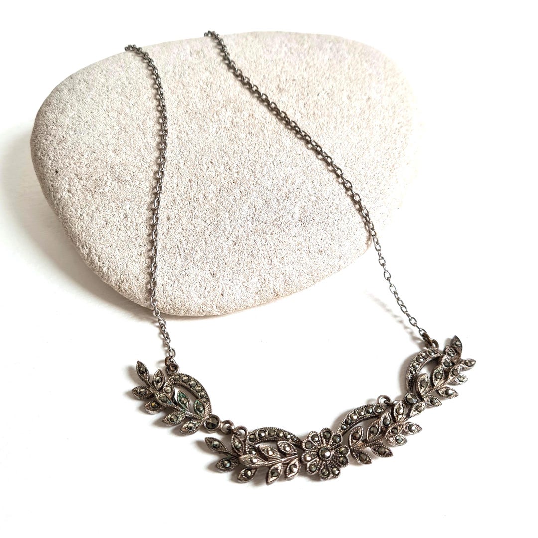 Vintage Silver Tone Marcasite Leaf Panel Link Necklace: Mid-century ...