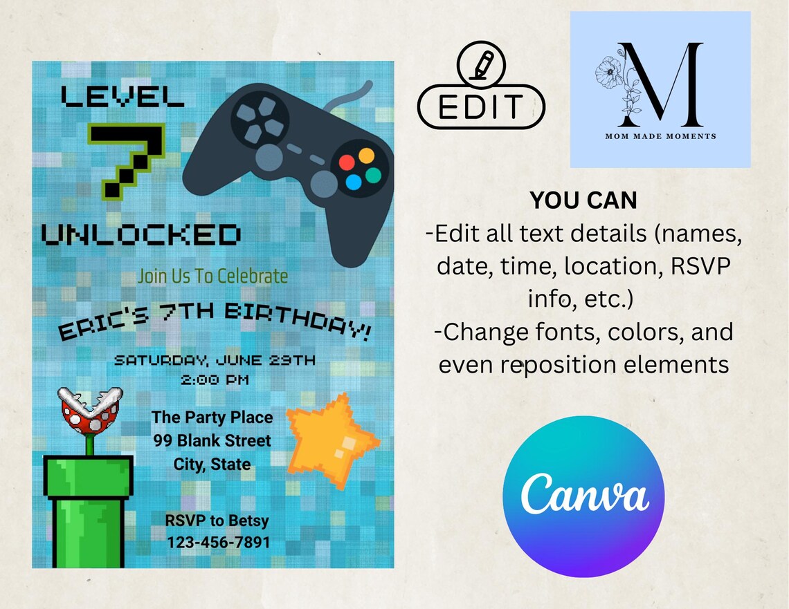 Level 7 Unlocked Birthday Invitation: Editable Gamer Party (canva ...