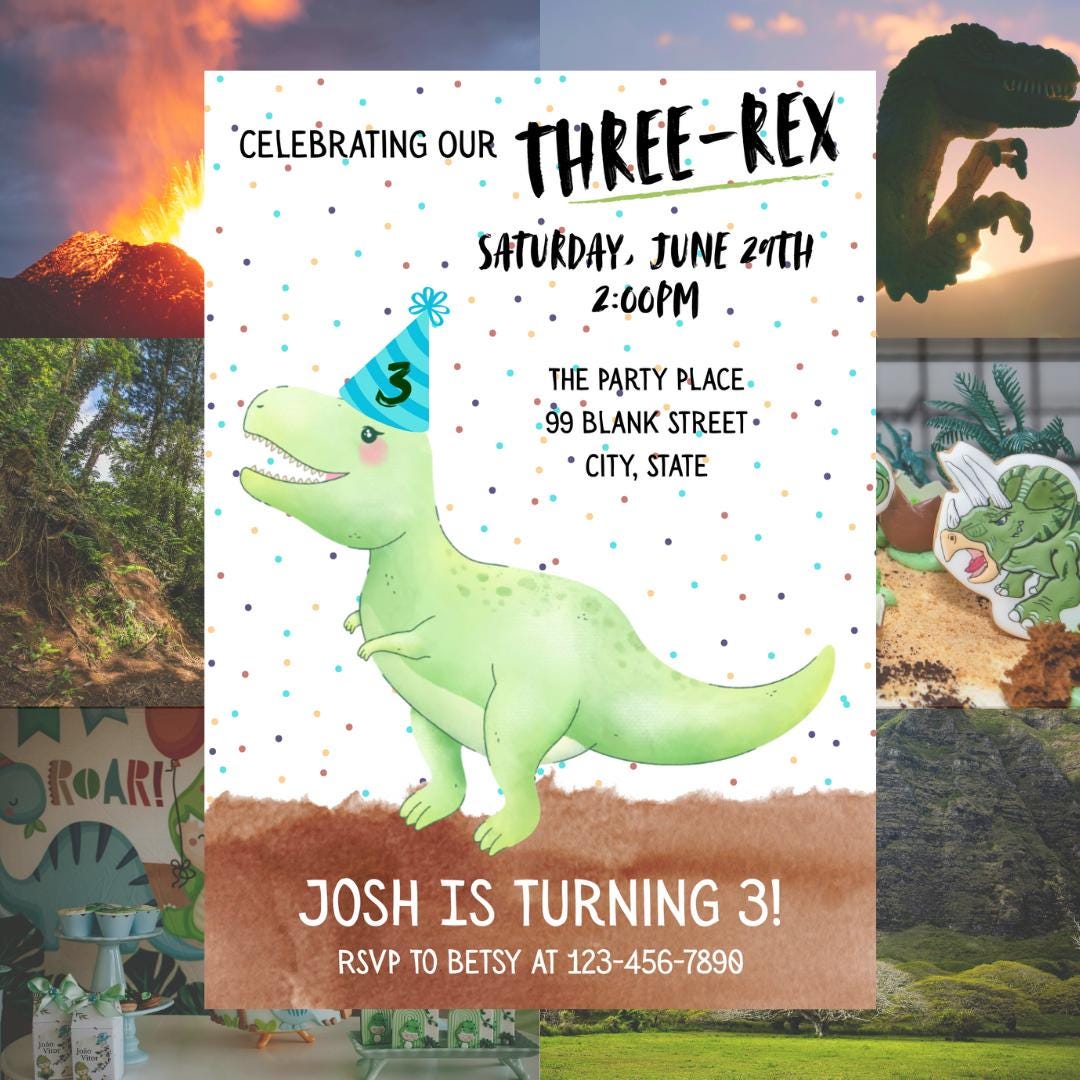 Three-rex 3rd Birthday Party Invitation ~ EDITABLE Canva Template ...