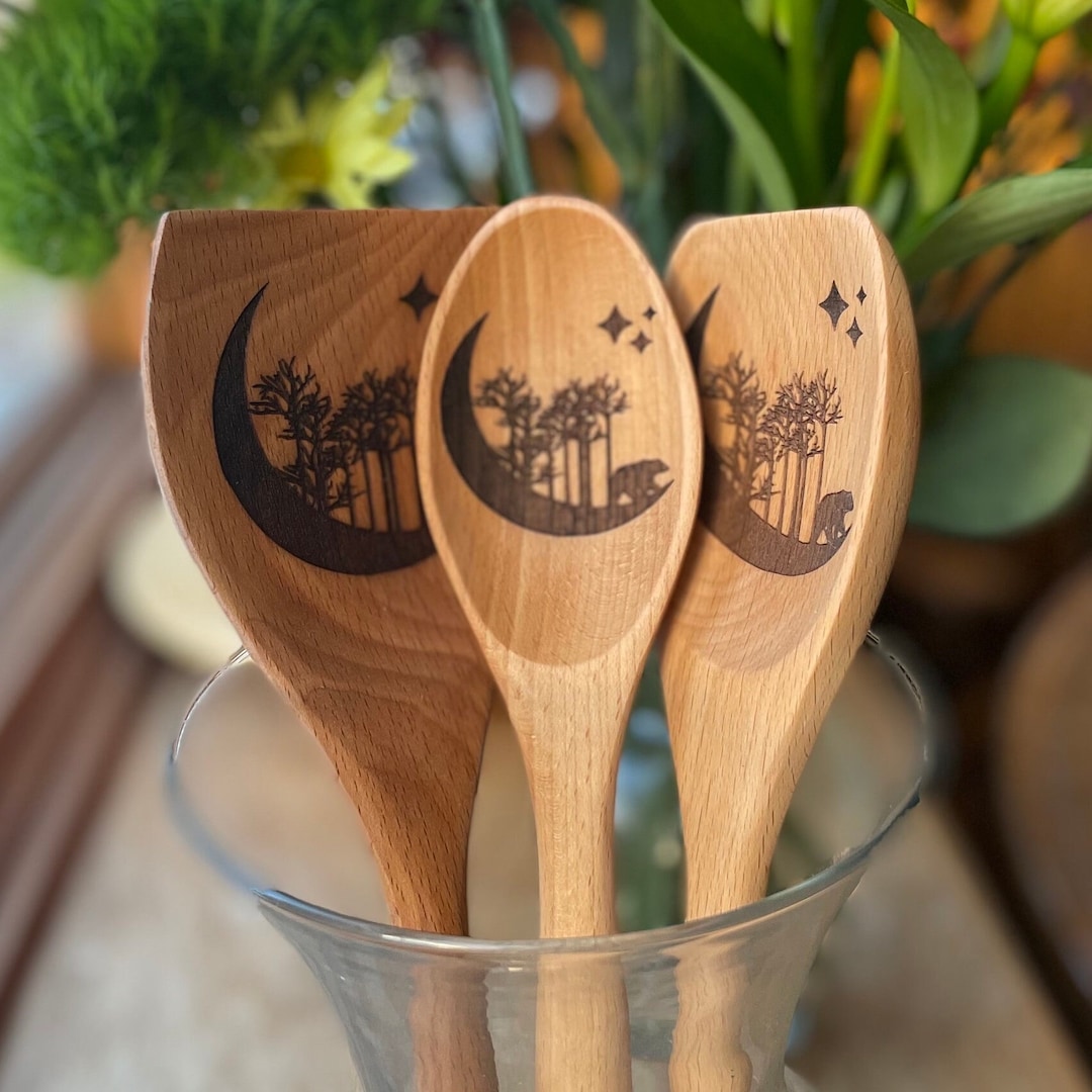 Bear and Moon Nature Forrest Design Beechwood Engraved Kitchen Utensils ...