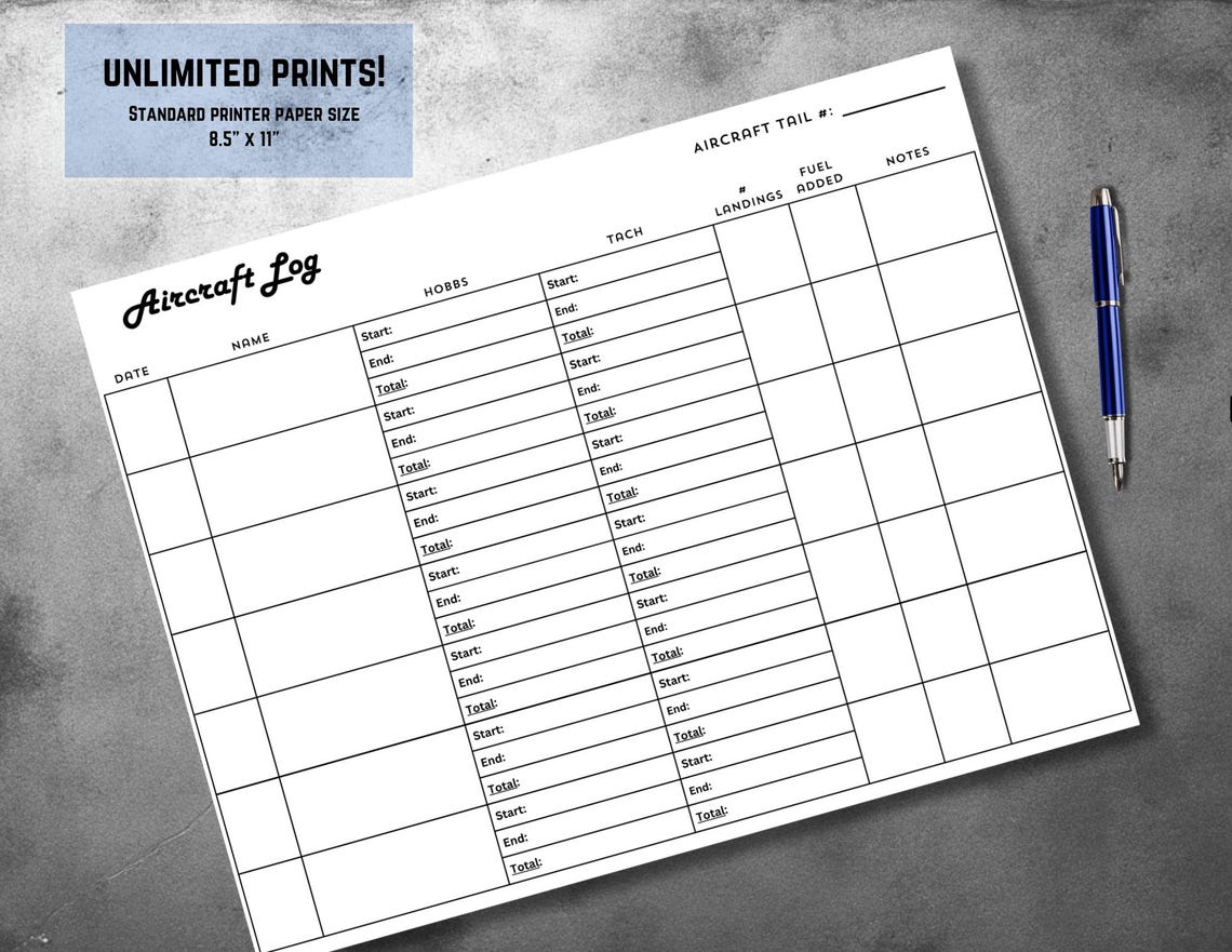 Aircraft Log, Printable Hobbs and Tach Time Log, Aircraft Rental Log - Etsy