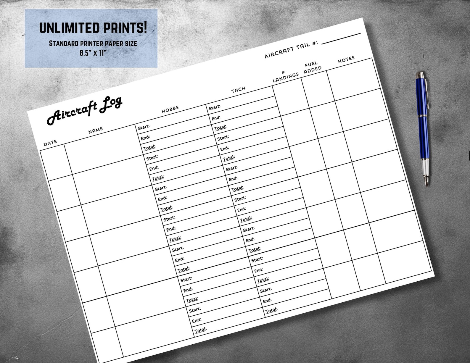 Aircraft Log, Printable Hobbs and Tach Time Log, Aircraft Rental Log - Etsy