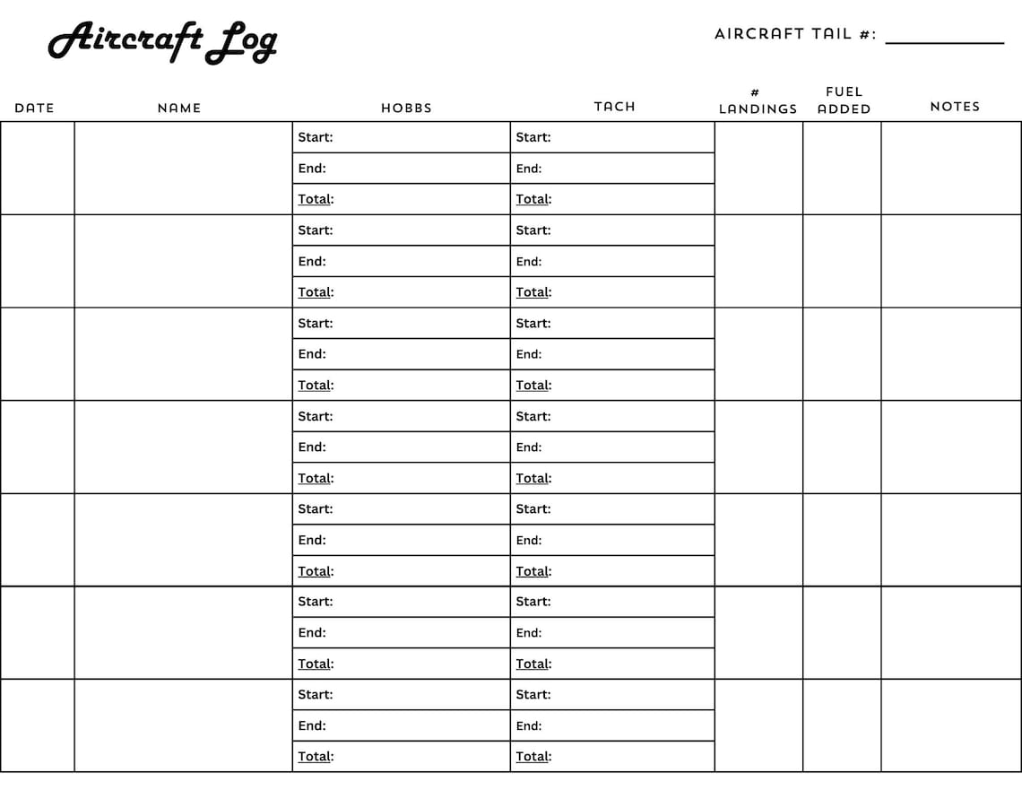 Aircraft Log, Printable Hobbs and Tach Time Log, Aircraft Rental Log - Etsy