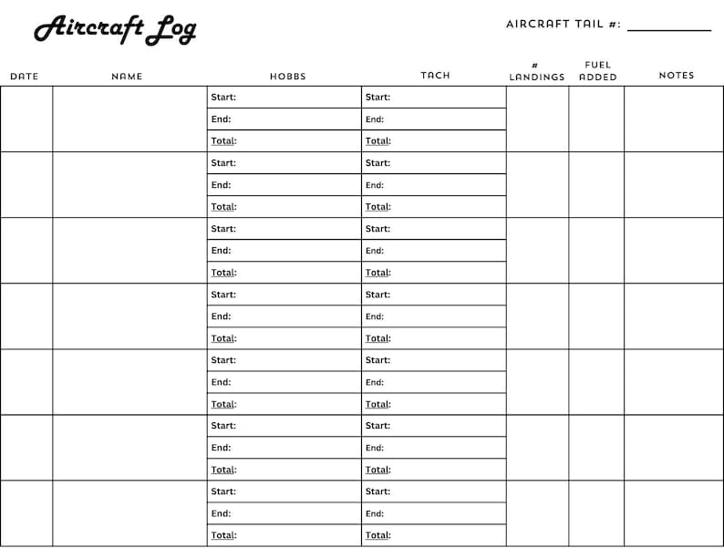 Aircraft Log, Printable Hobbs and Tach Time Log, Aircraft Rental Log - Etsy