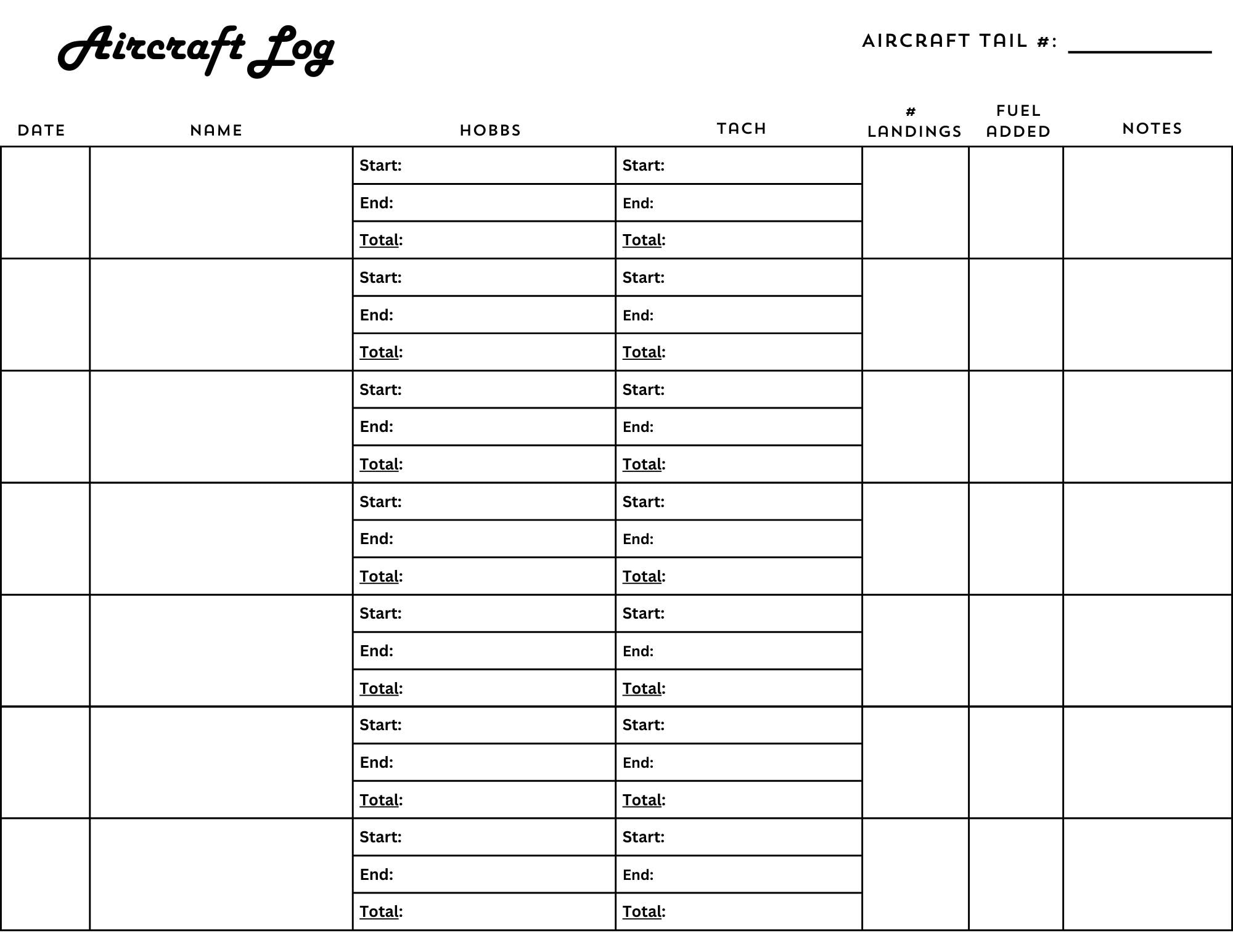 Aircraft Log, Printable Hobbs and Tach Time Log, Aircraft Rental Log - Etsy