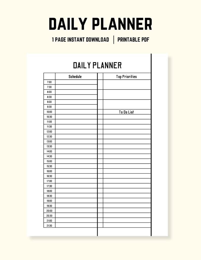 Daily Hourly Planner, Printable Work Daily Planner, Daily Organizer ...