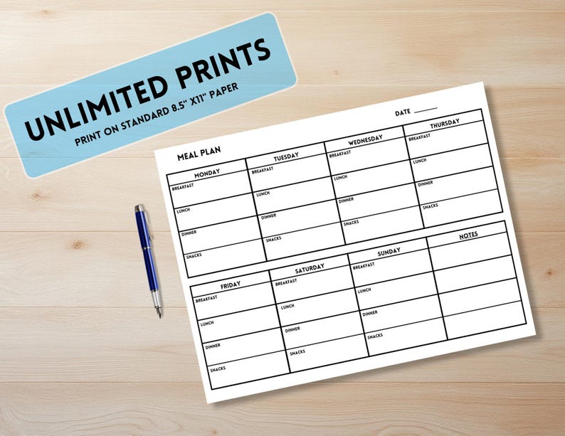 Printable Weekly Meal Planner Landscape, Food Diary, Meal Tracker, Food ...